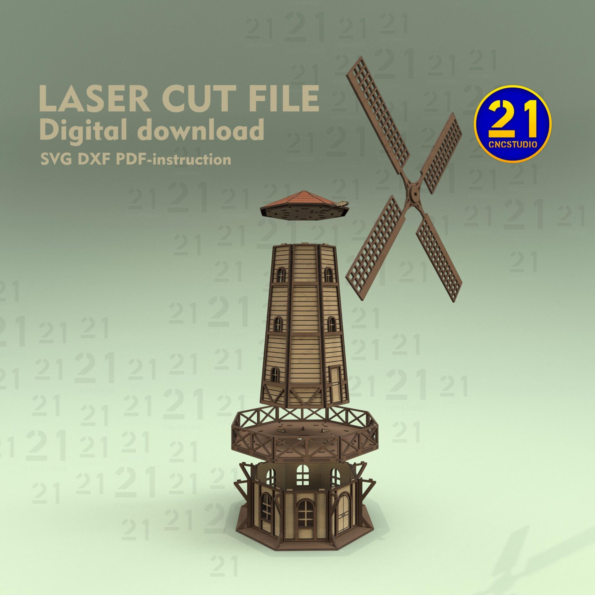 3D Windmill Laser Cut File – DIY Wooden Model Kit SVG DXF - 21CNCStudio