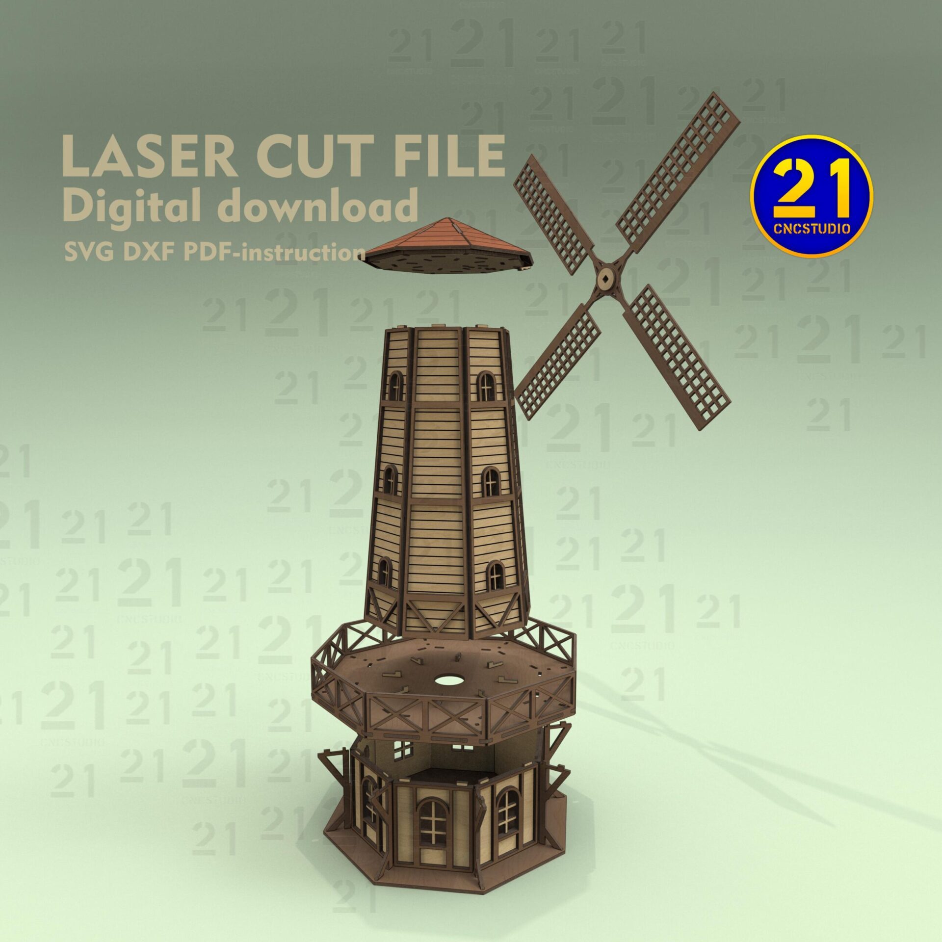 3D Windmill Laser Cut File – DIY Wooden Model Kit SVG DXF - 21CNCStudio